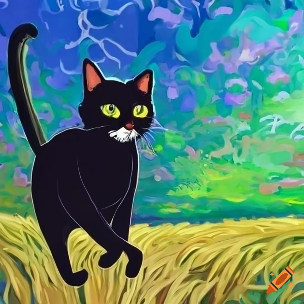 Smart black cat running through grain fields in monet-style cartoon art ...