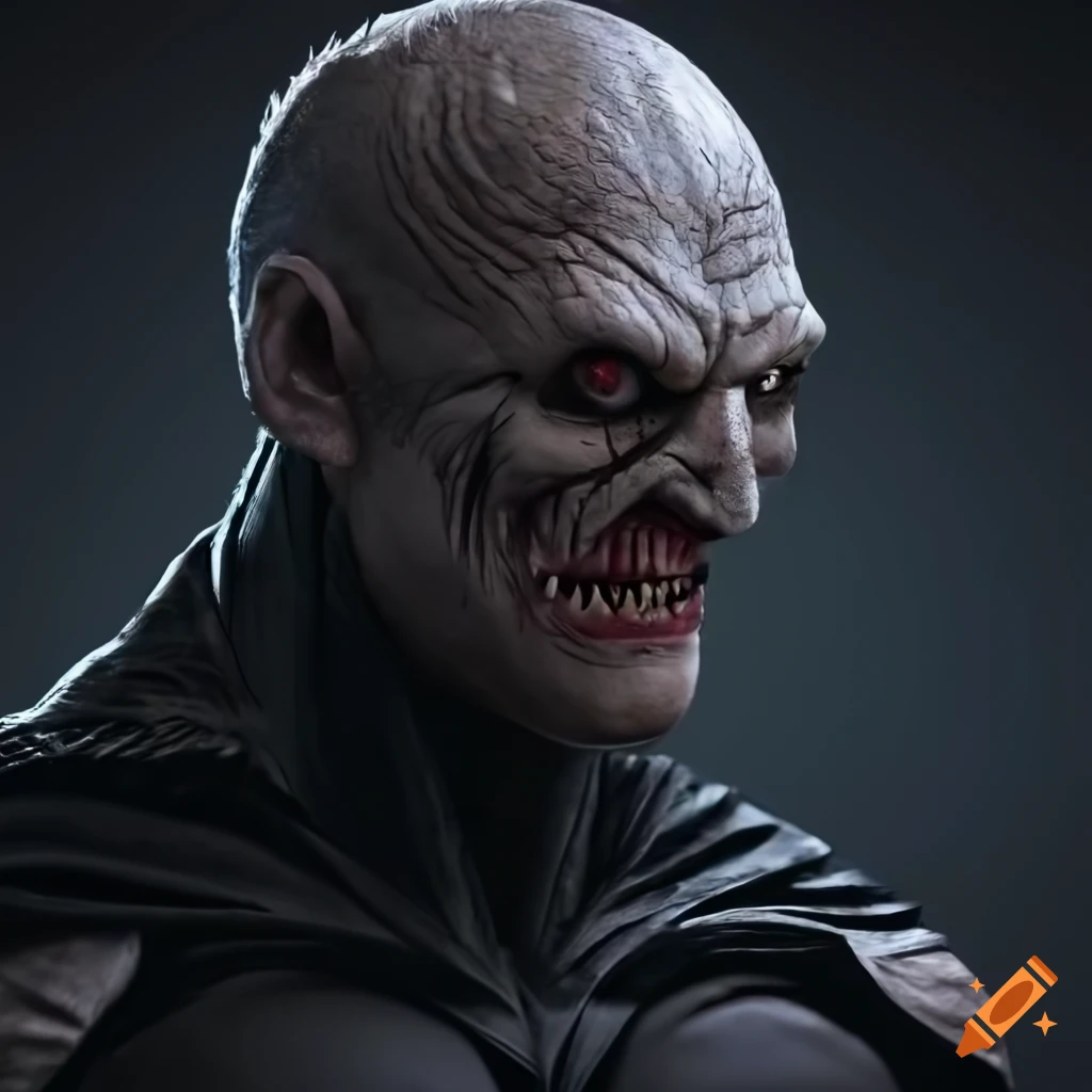 Batman portrayed as a horror movie monster in a cinematic shot on Craiyon