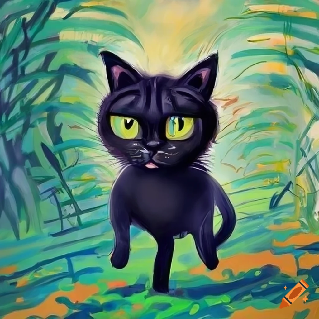 Smart black cat running through grain fields in monet-style cartoon art ...