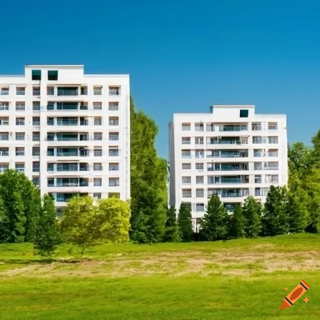 Block of white apartments next to a park with a lake under a clear blue ...