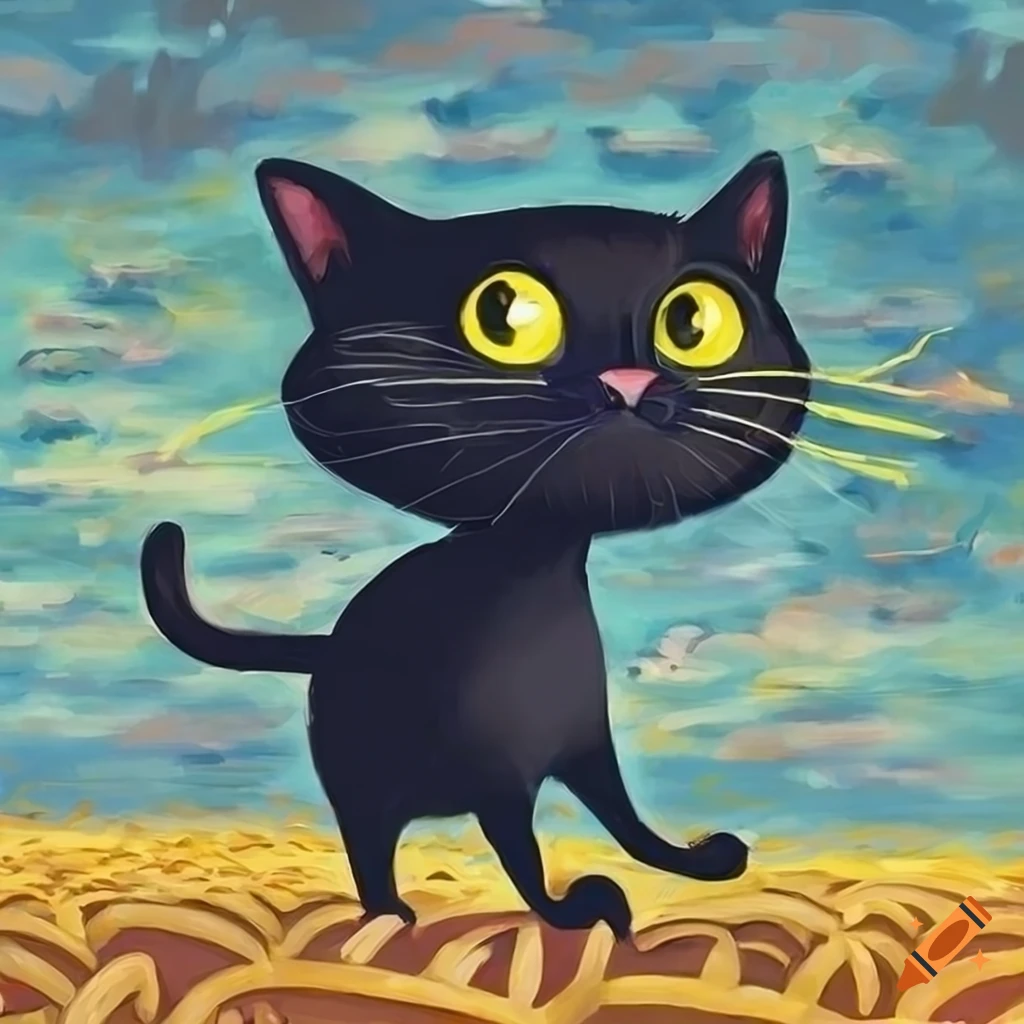Smart black cat running through grain fields in monet-inspired cartoon ...