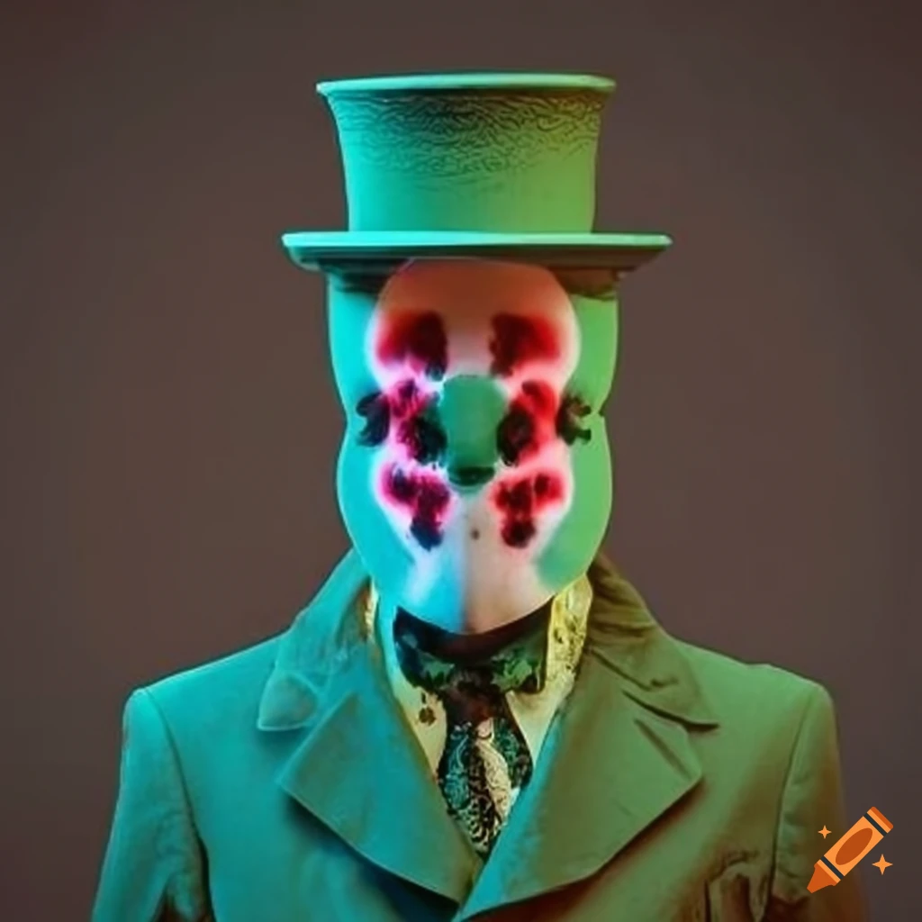Man in green Victorian suit and top hat with a neon red Rorschach blot ...