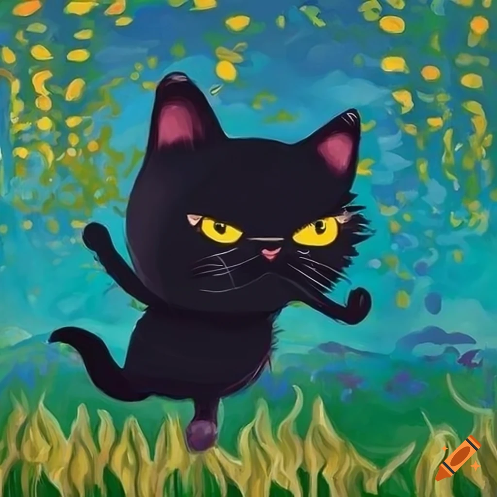 Smart black cat running through grain fields in monet-inspired cartoon ...