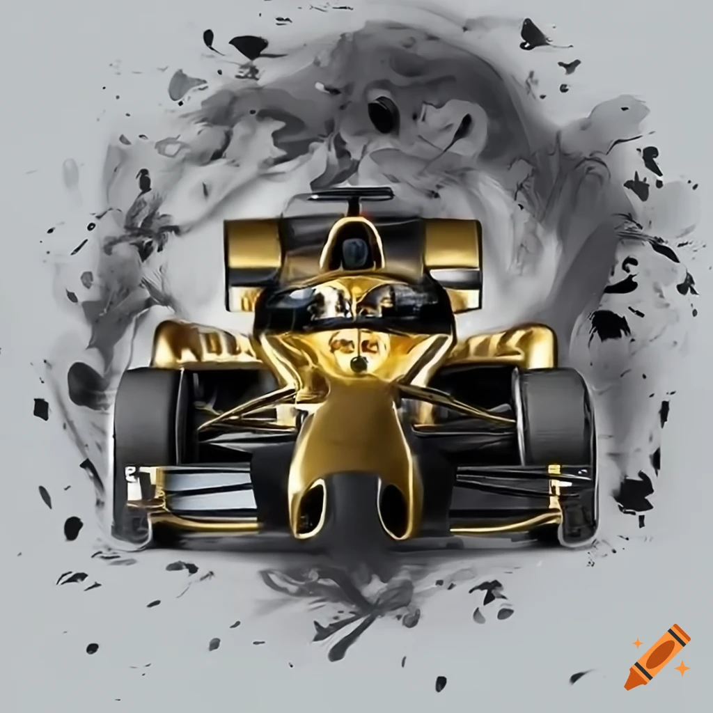 Gold, black, and gray Formula One race car with lion face design in a ...