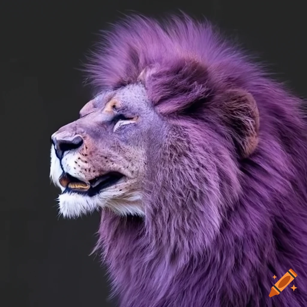 Purple lion head roaring in profile view on Craiyon