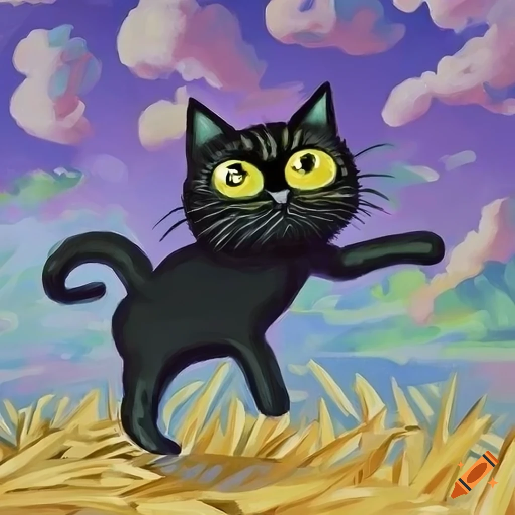 Smart black cat running through grain fields in monet-style cartoon art ...
