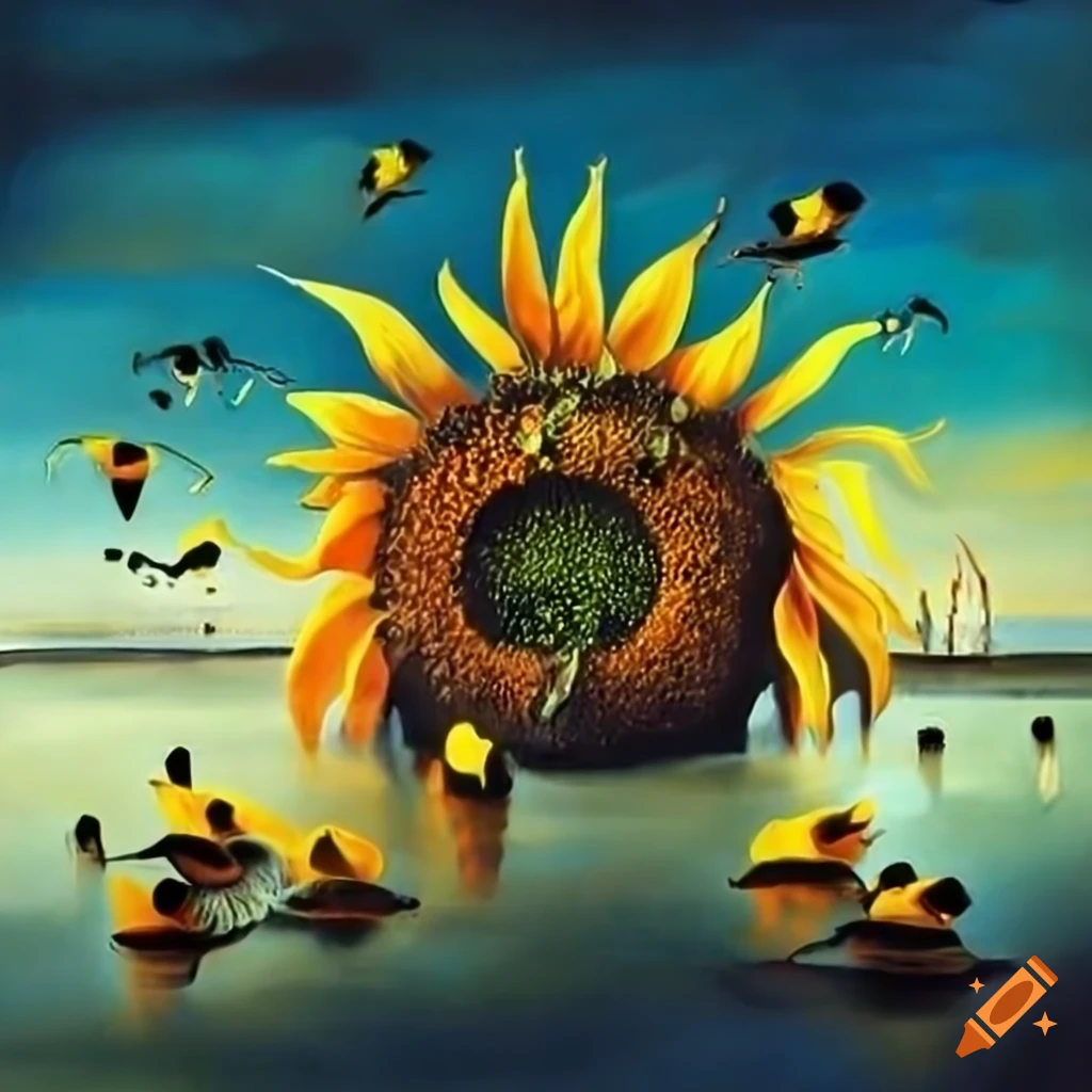 Surrealist rotten sunflower with bumblebees in a dreamlike landscape ...