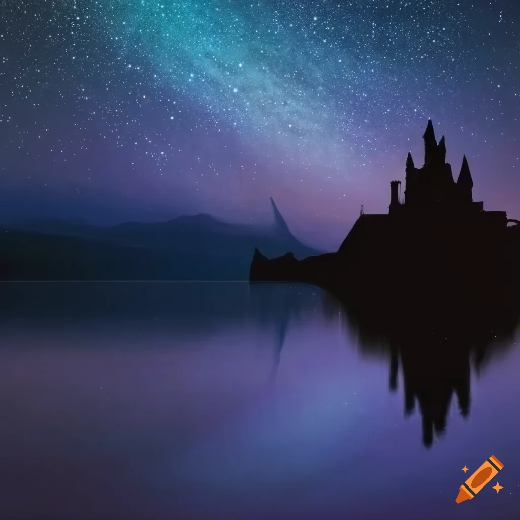 Enchanted starry night with the silhouette of the tangled castle by a ...