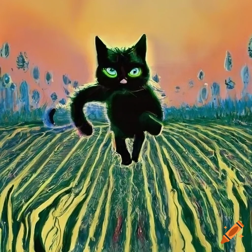 Smart black cat running through grain fields in monet style on Craiyon
