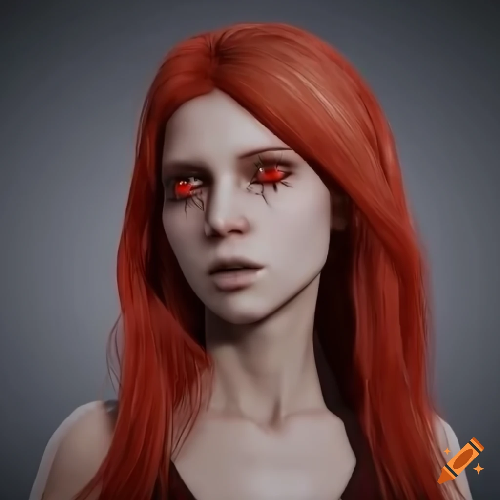 Pale-skinned elf girl with red hair and eyes on a grey background on ...