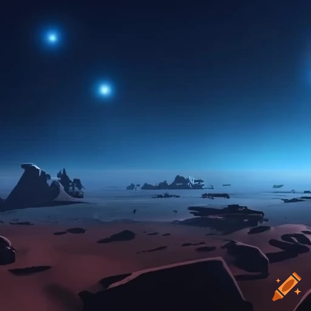 Starship troopers Star Wars desert planet night landscape in blue color ...