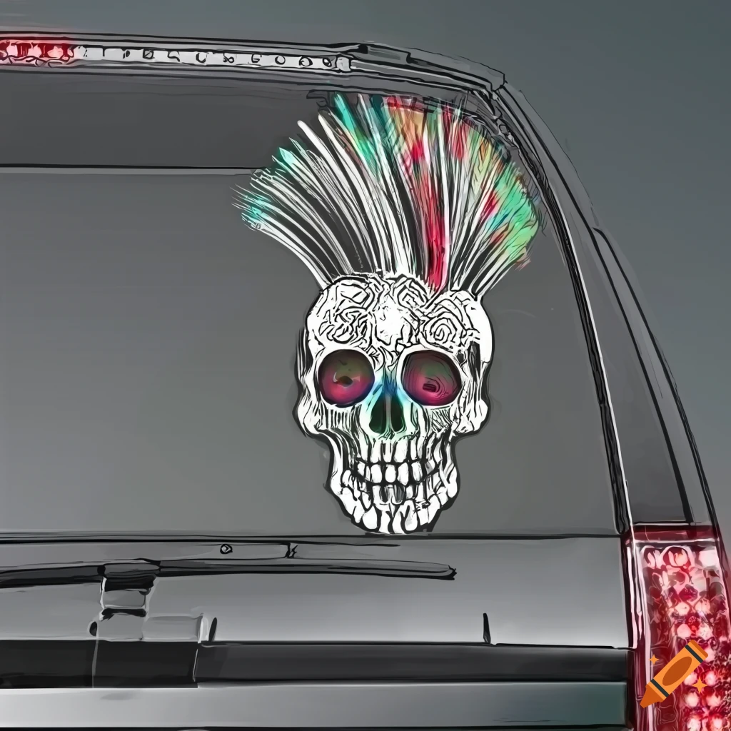 Stylized punk skull with colorful mohawk in grunge design sticker on ...