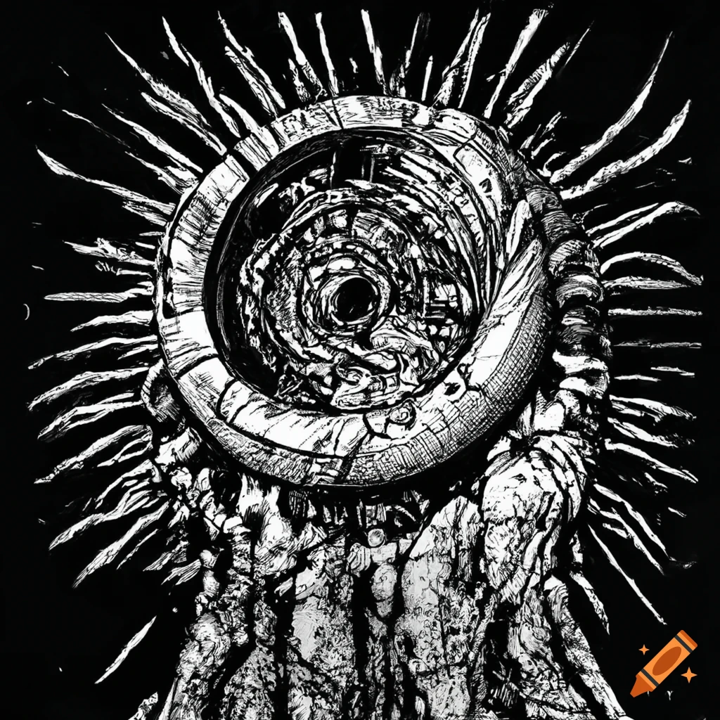 Detailed ink drawing of a nuclear blast with a spinning nascar tire on ...