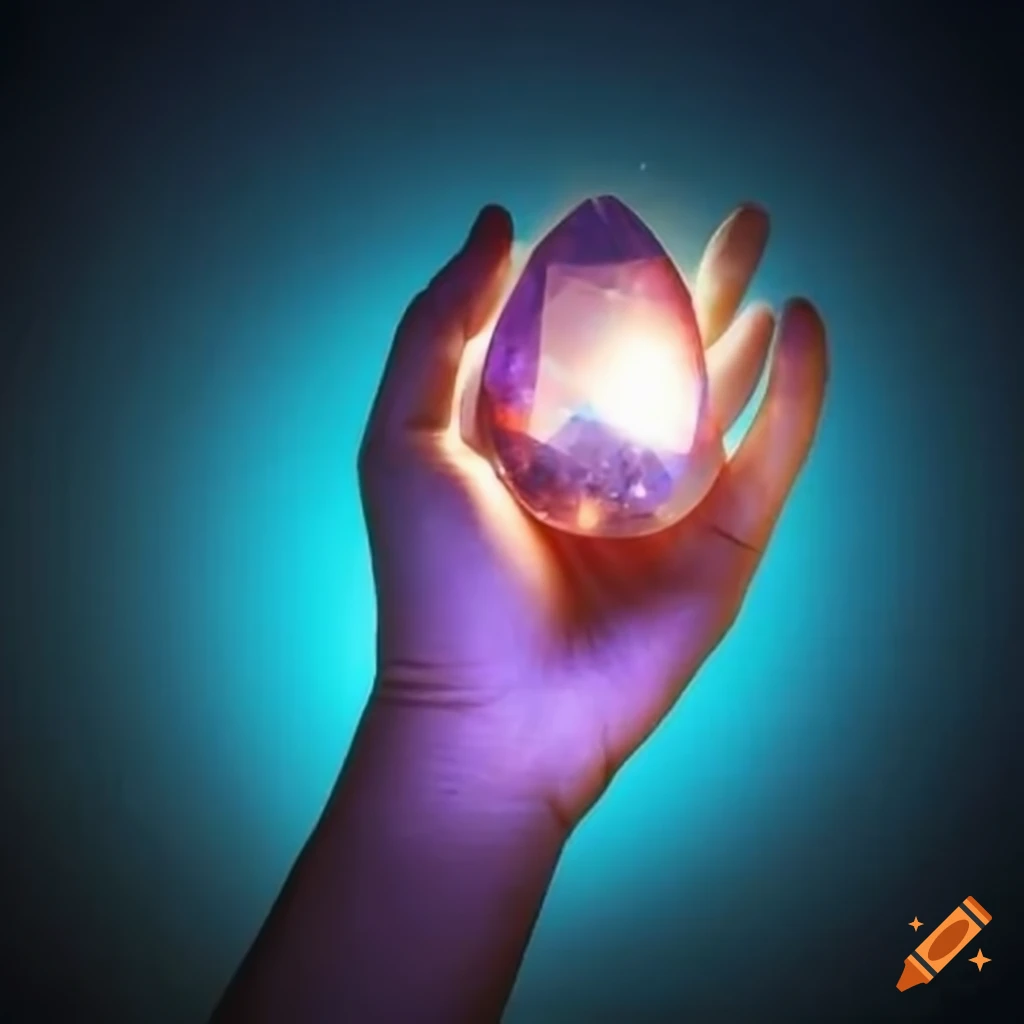 Hand holding a glowing magical gem with white light on Craiyon