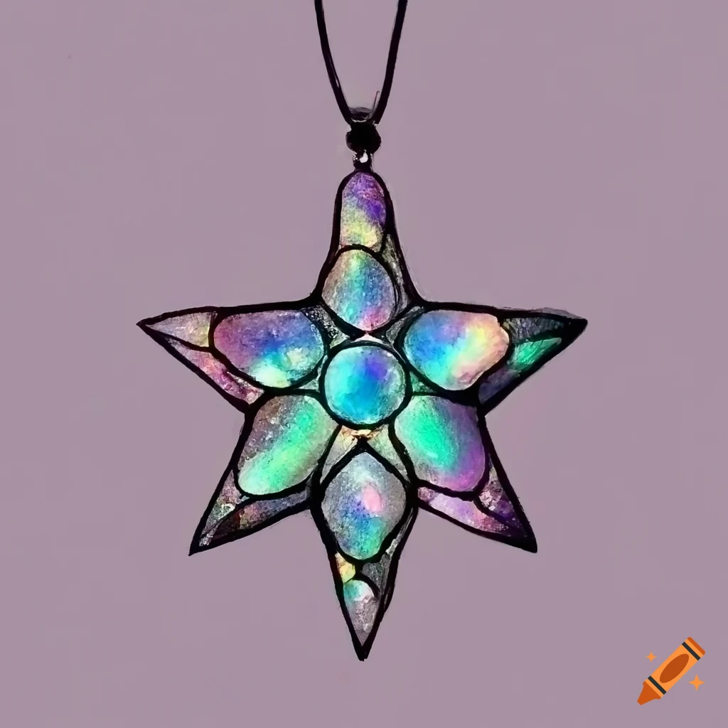 Ink drawing of a star-shaped pendant with an iridescent opal on Craiyon