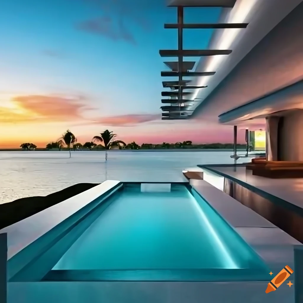 Interior of a contemporary miami beachfront mansion with infinity pool ...