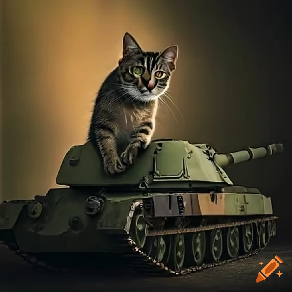 Curious cat perched on an army tank on Craiyon