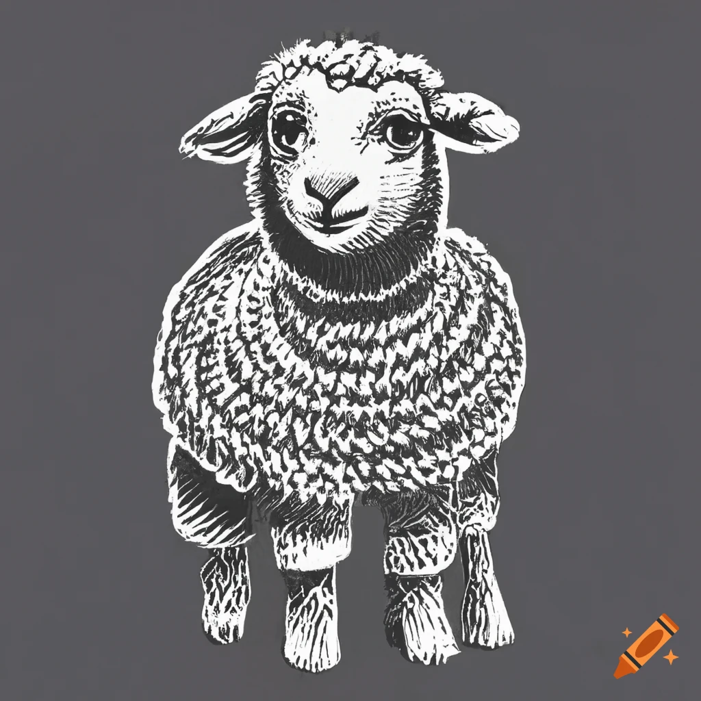 Lamb in a knit sweater depicted in black and white linocut style on Craiyon