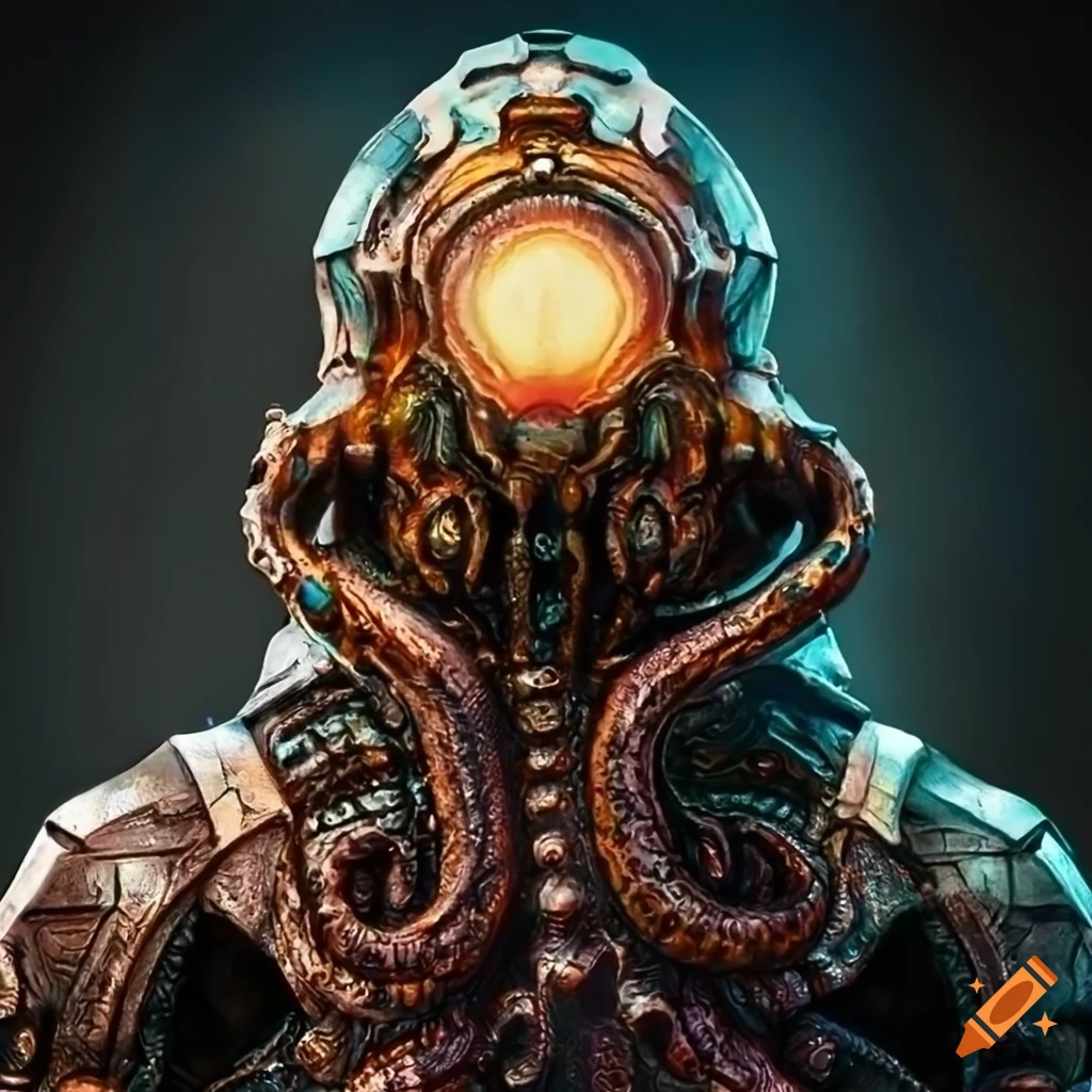 Eldritch cosmic power suit helmet with face tentacles on Craiyon