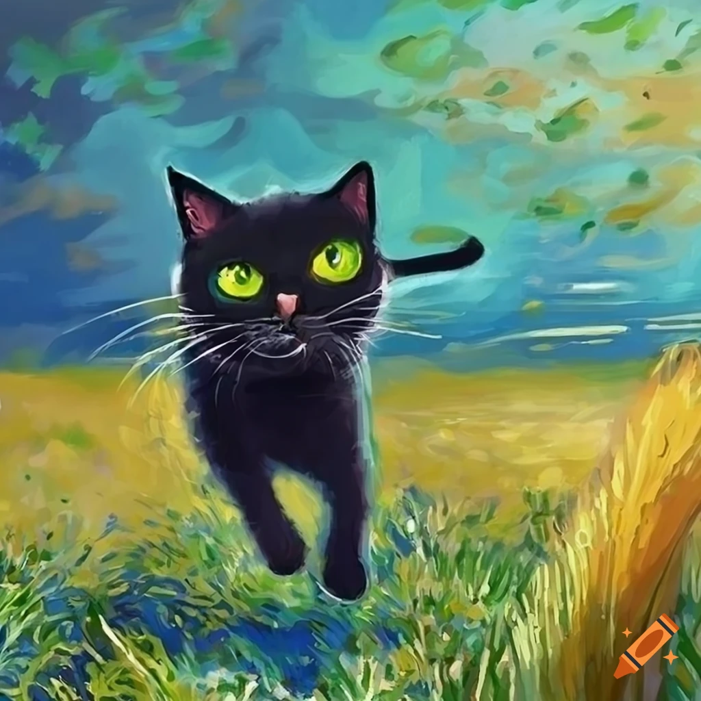 Smart black cat running through grain fields in monet-style cartoon art ...