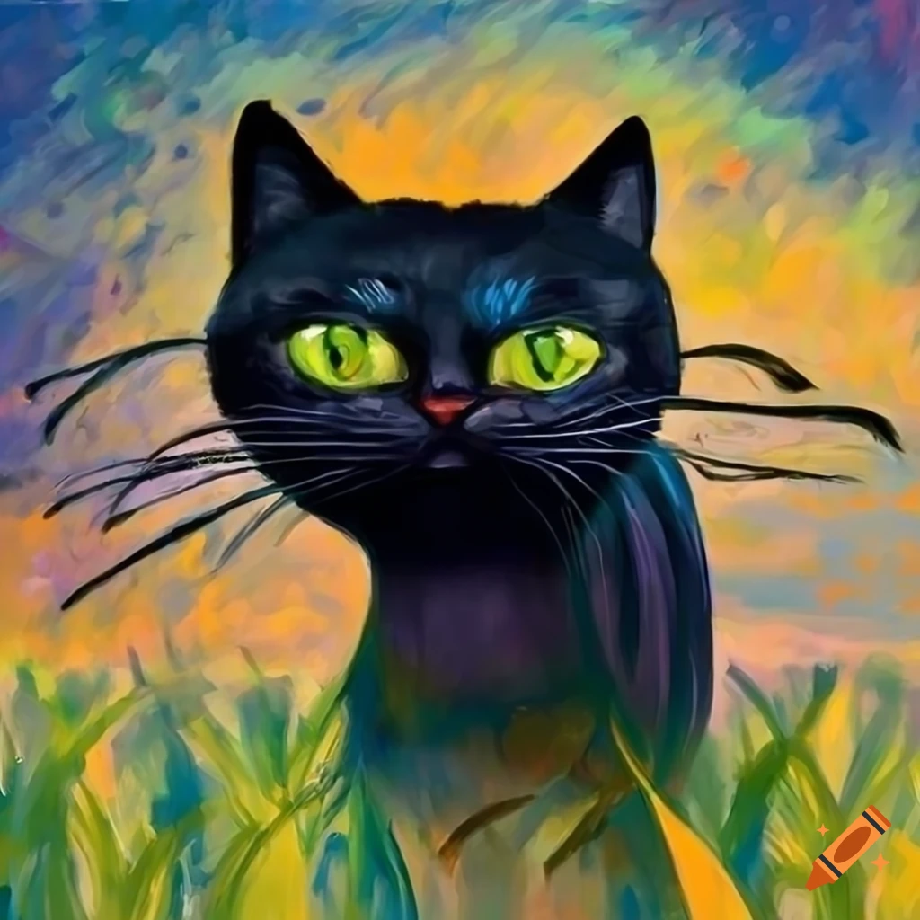 Smart black cat running through grain fields in a monet-inspired ...