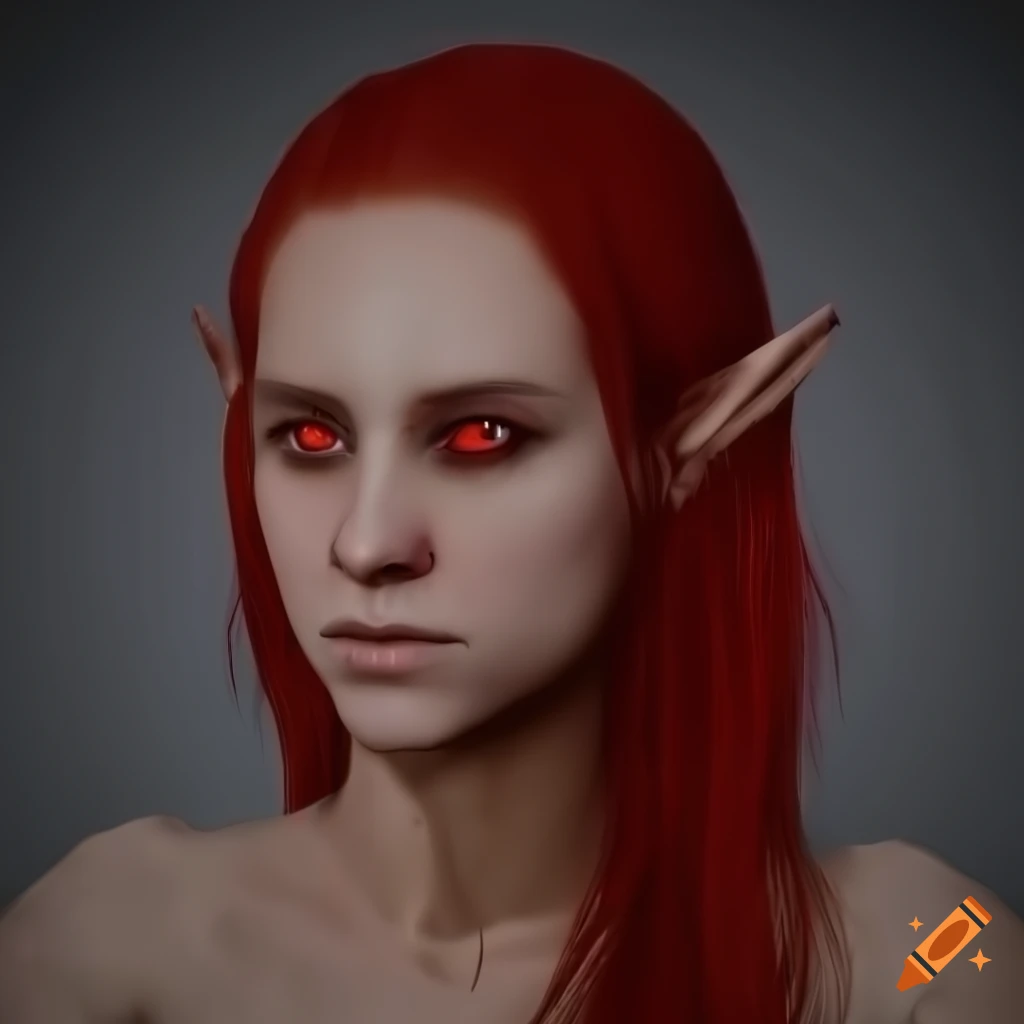 Pale-skinned elf girl with red hair and eyes on a grey background on ...