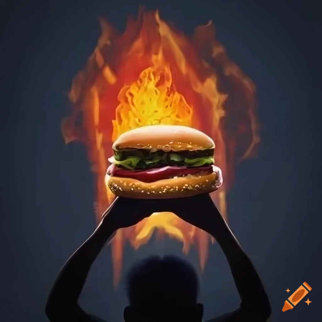 Silhouette of man with cheeseburger in front of fast food fire sign on ...