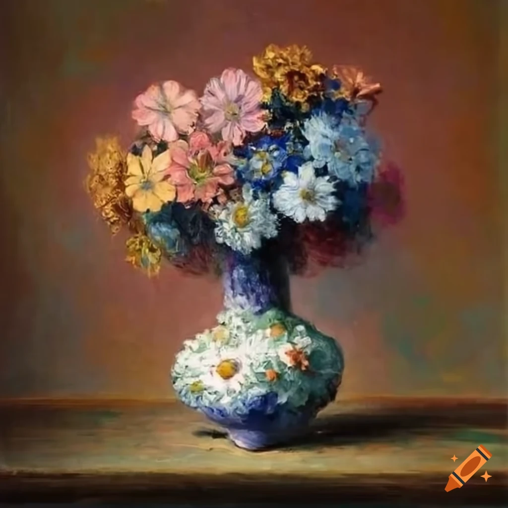 Oddly deformed pot with flowers on a desk by claude monet on Craiyon