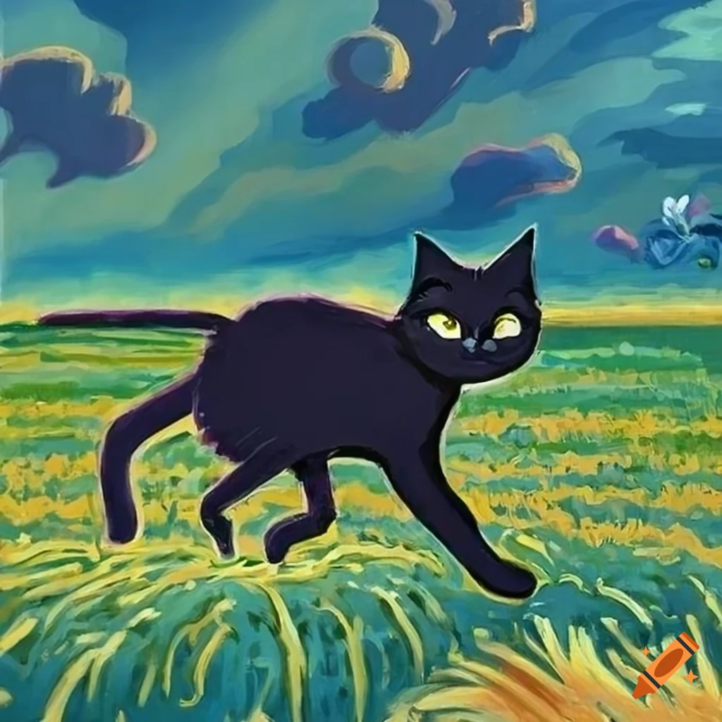 Smart black cat running through grain fields in monet cartoon style on ...