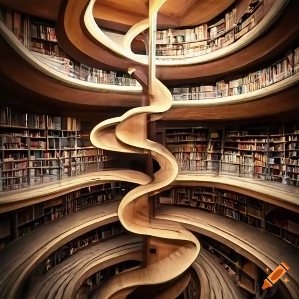 Elaborate tree-themed indoor library with spiraling wood staircase on ...