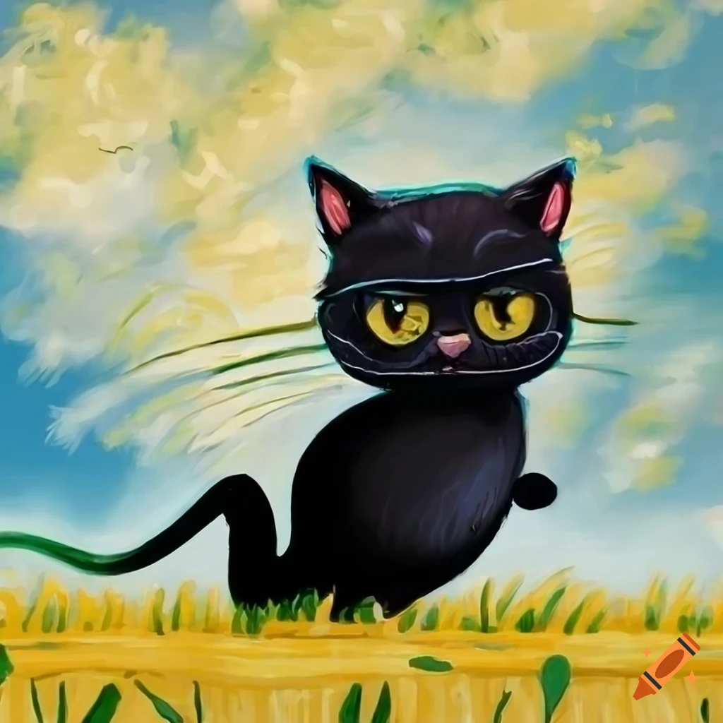 Smart black cat running through grain fields in monet cartoon style on ...