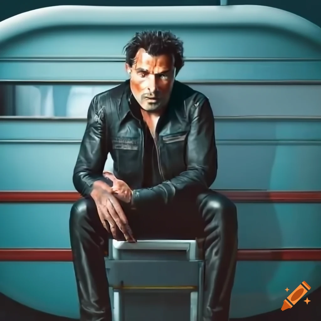 Close-up photorealistic portrait of a young outlaw biker in a ...