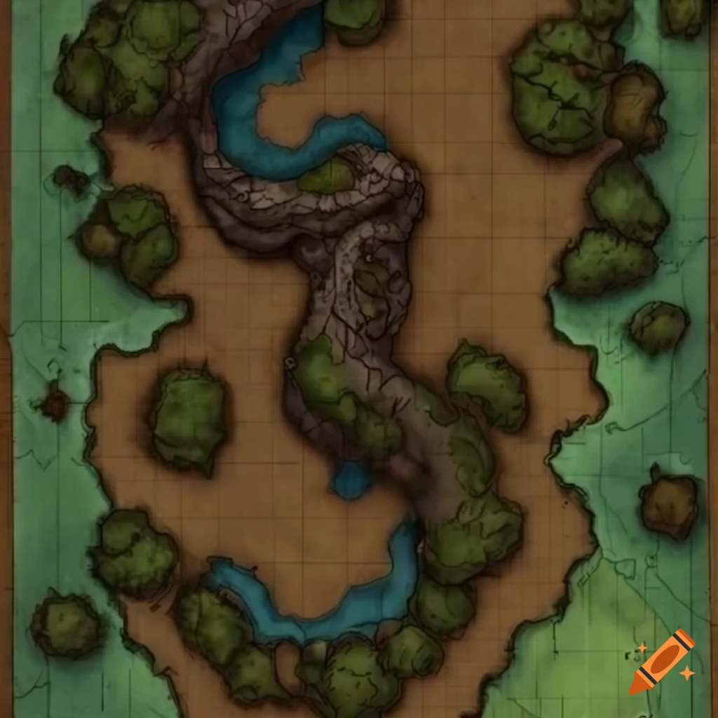 D&d top-down rpg combat battle map with forest, camping, cave entrance, and lake on Craiyon