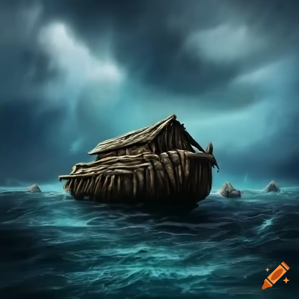 Realistic artwork of a prehistoric log raft ark in a storm at sea on ...