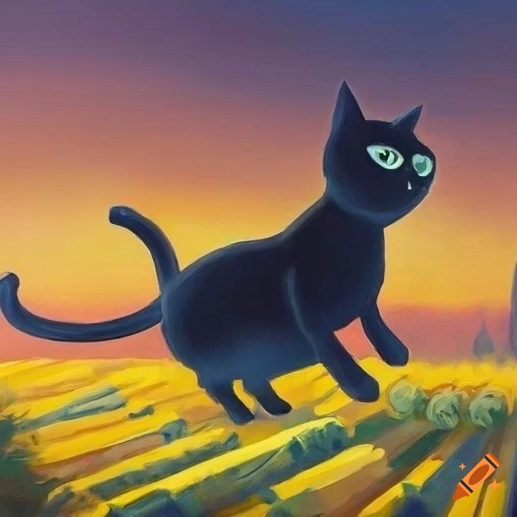 Smart black cat running in grain fields in monet cartoon art style on ...