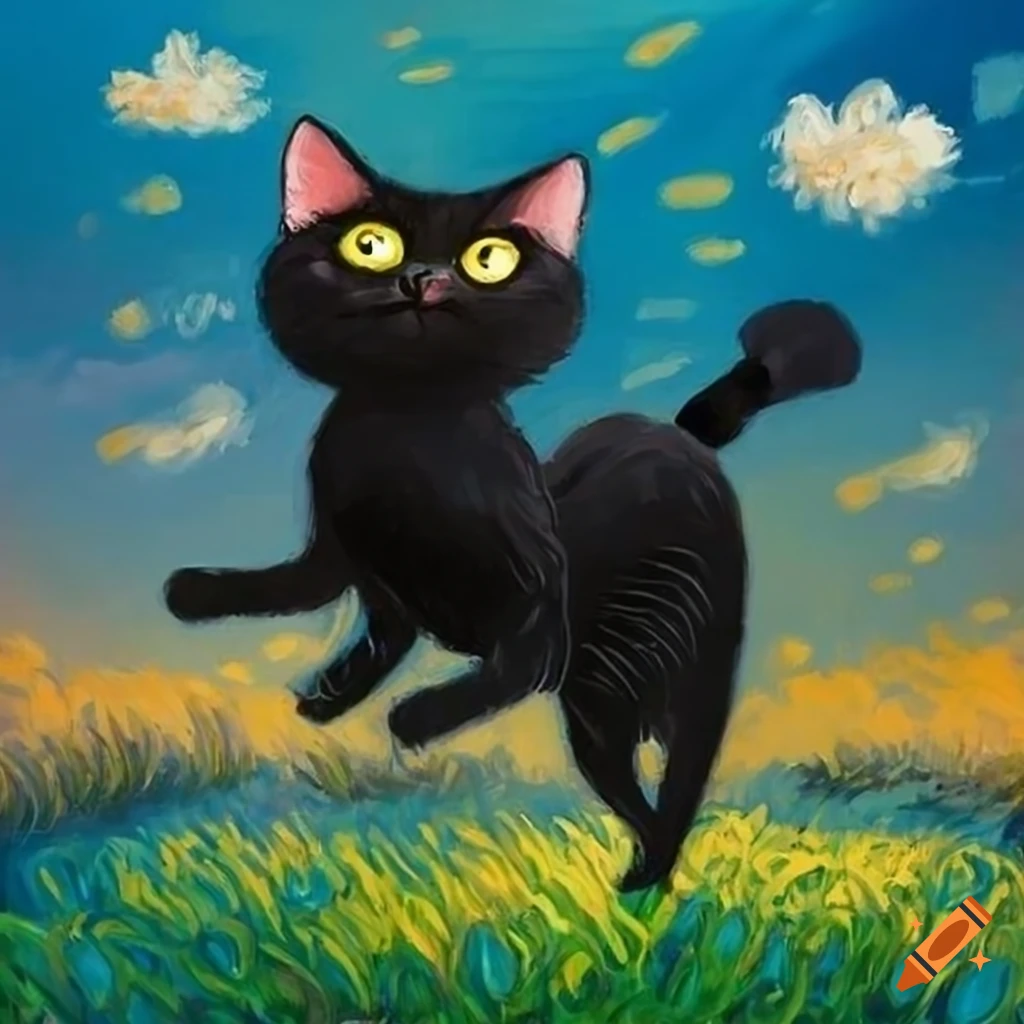 Smart black cat running through grain fields in monet-style cartoon art ...
