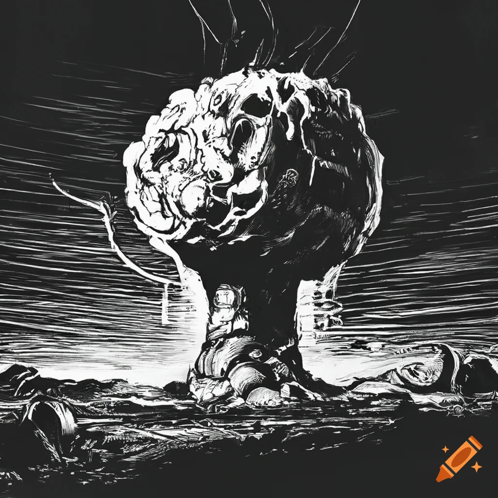 Detailed ink drawing of a nuclear blast with a spinning NASCAR tire on ...