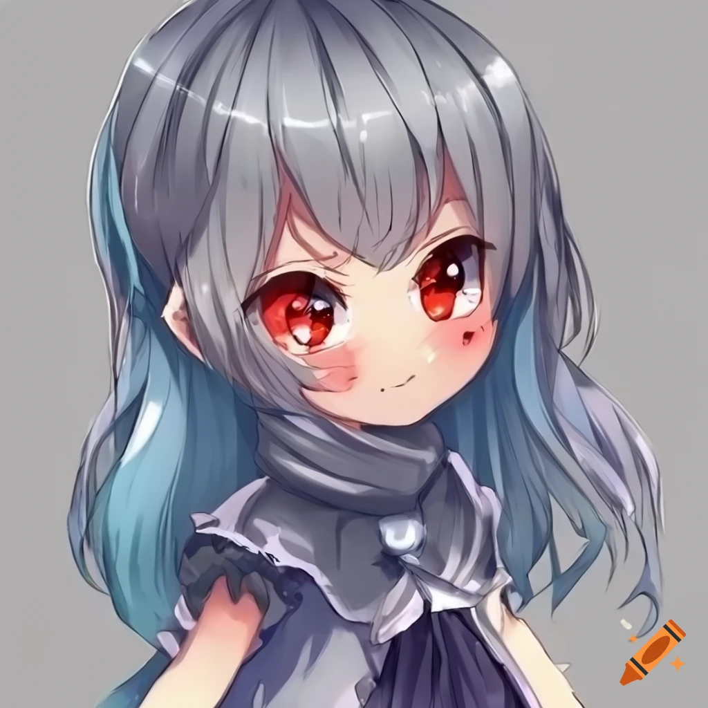 Anime chibi girl with silvery-blue hair and red eyes on Craiyon