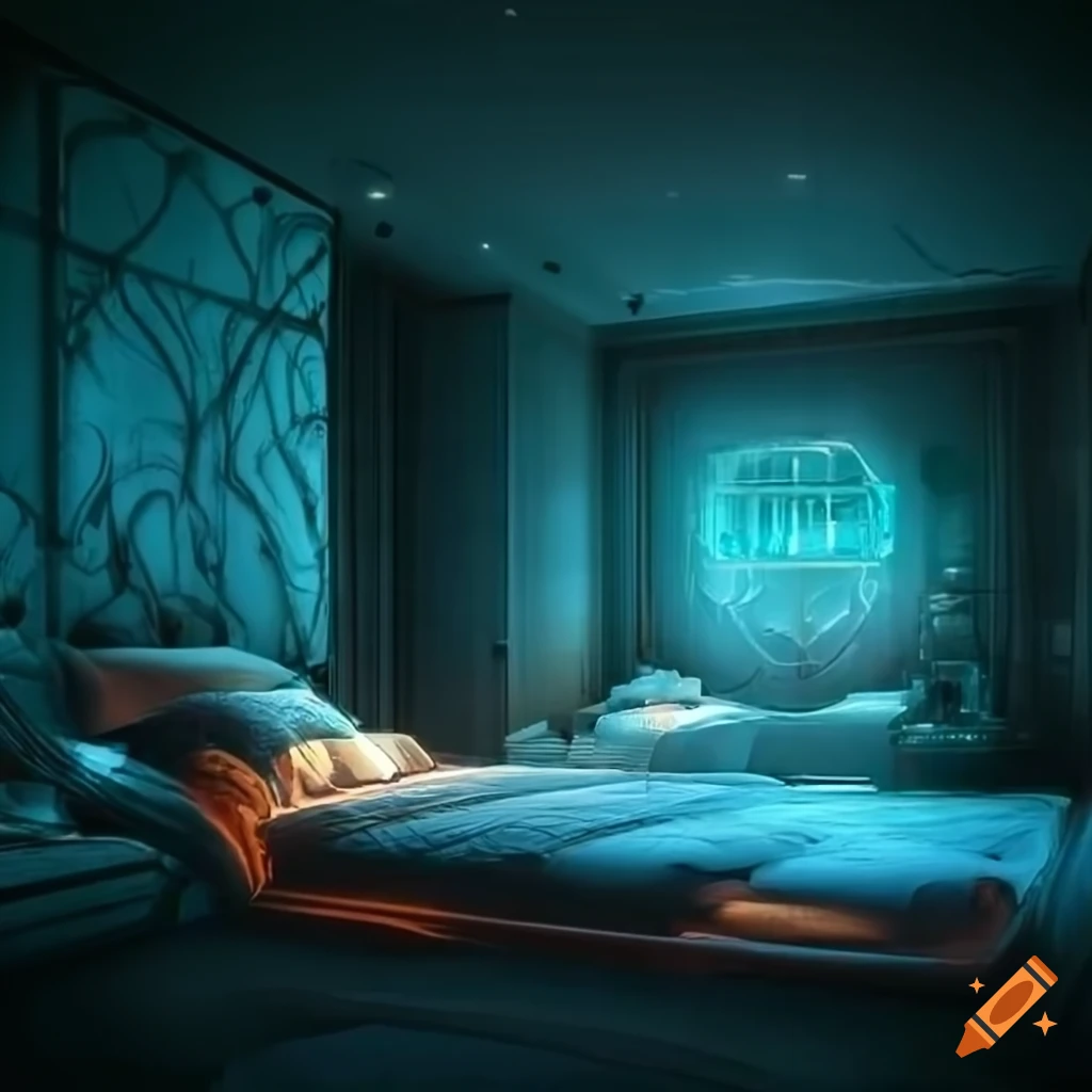 Futuristic bedroom with bio-luminescent flora and science fiction ...