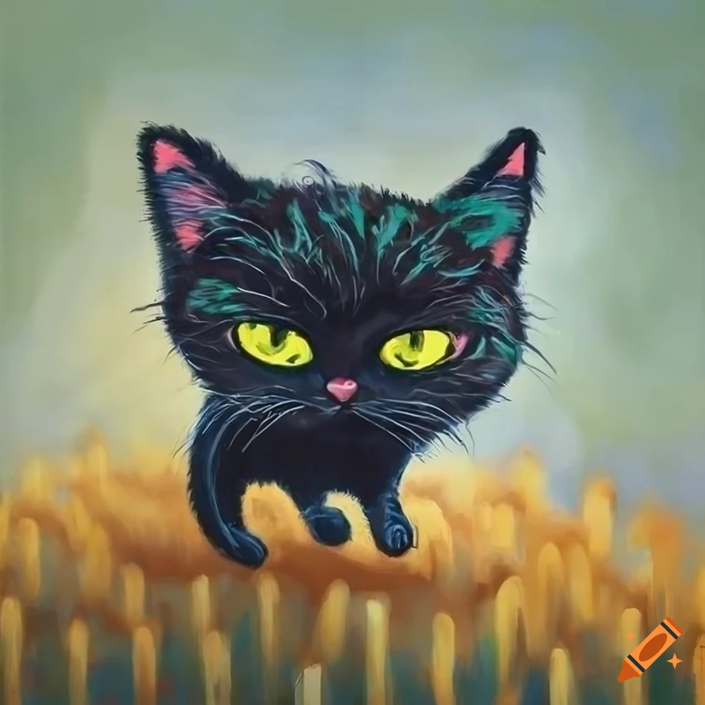 Smart black cat running through grain fields in monet cartoon art style ...