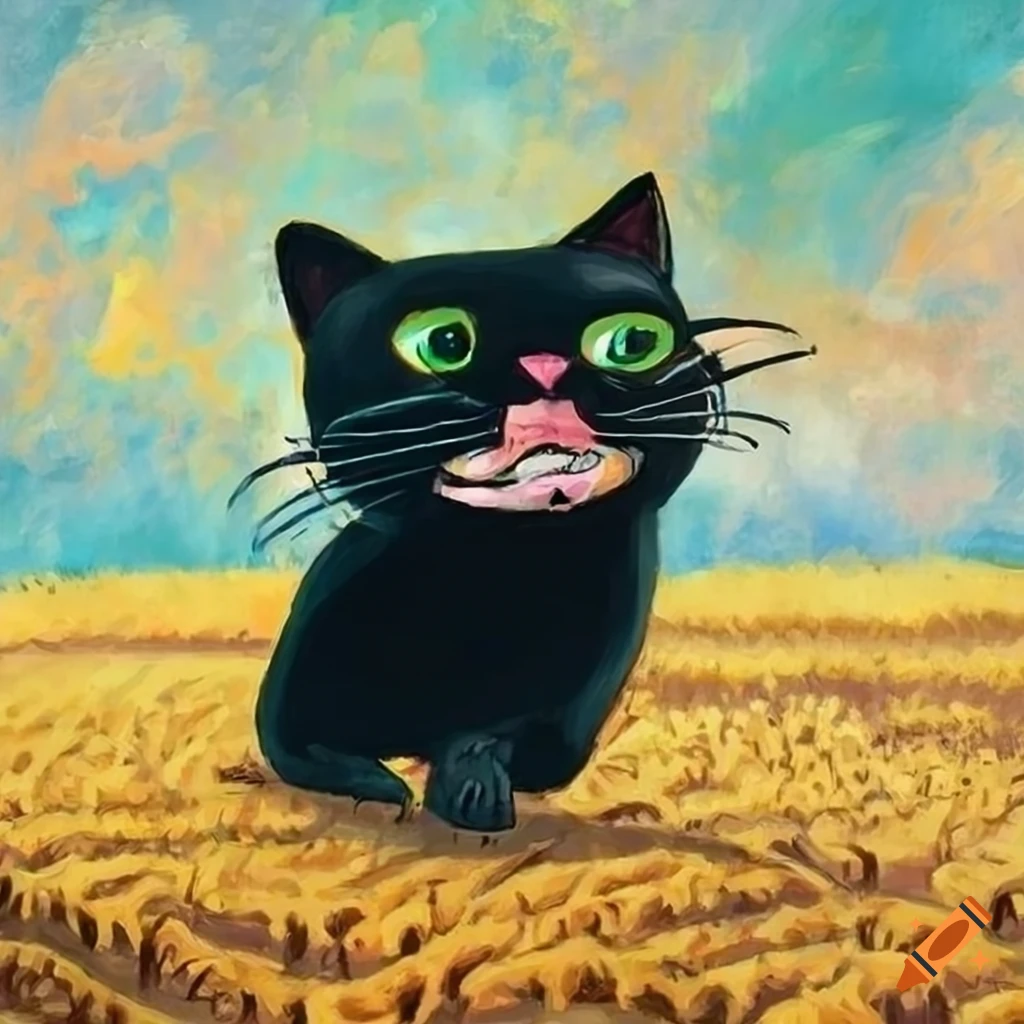 Smart black cat running through grain fields in monet cartoon art style ...