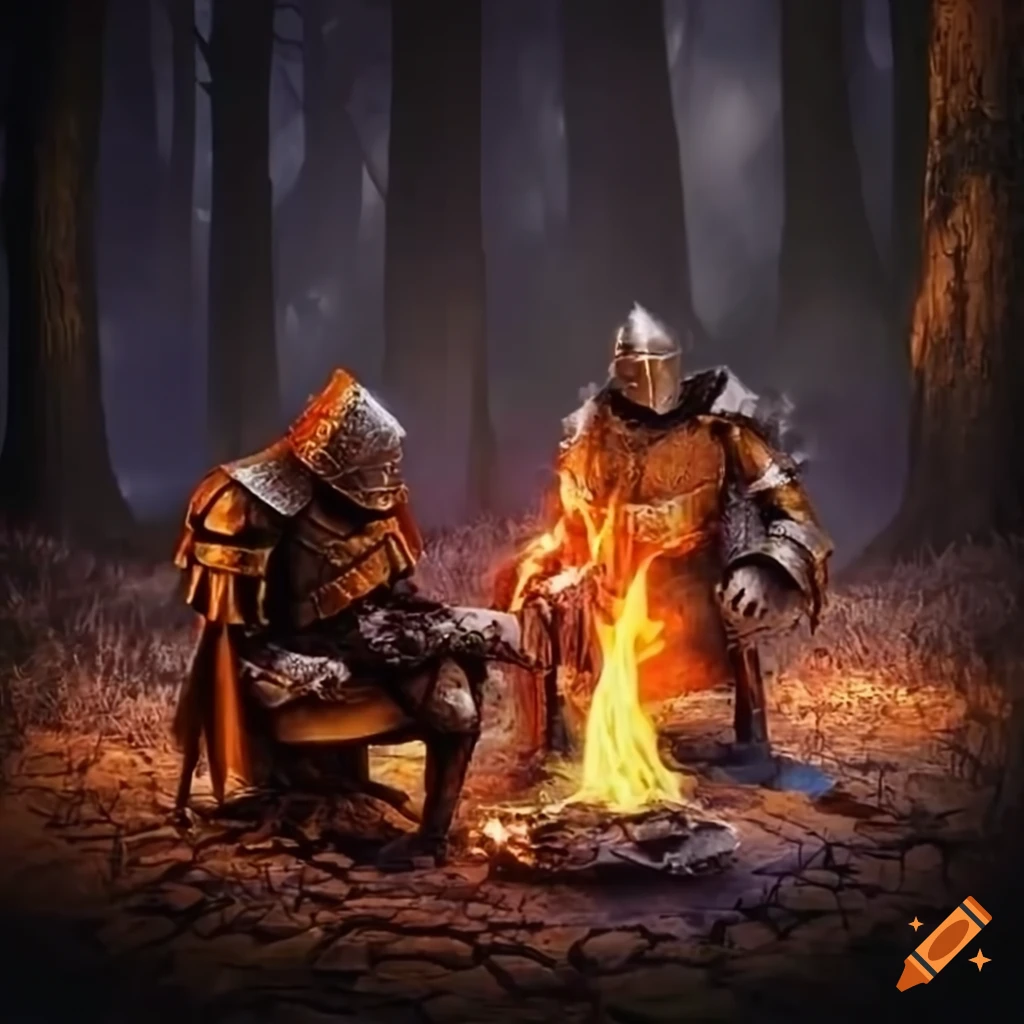 Two knights smoking around a campfire in enchanted woods on Craiyon