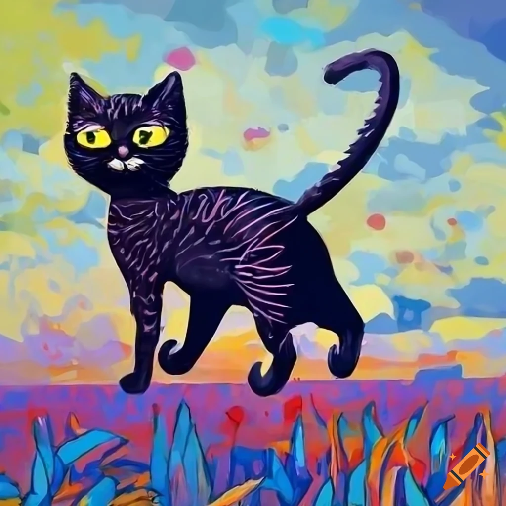 Smart black cat running through grain fields in monet cartoon art style ...