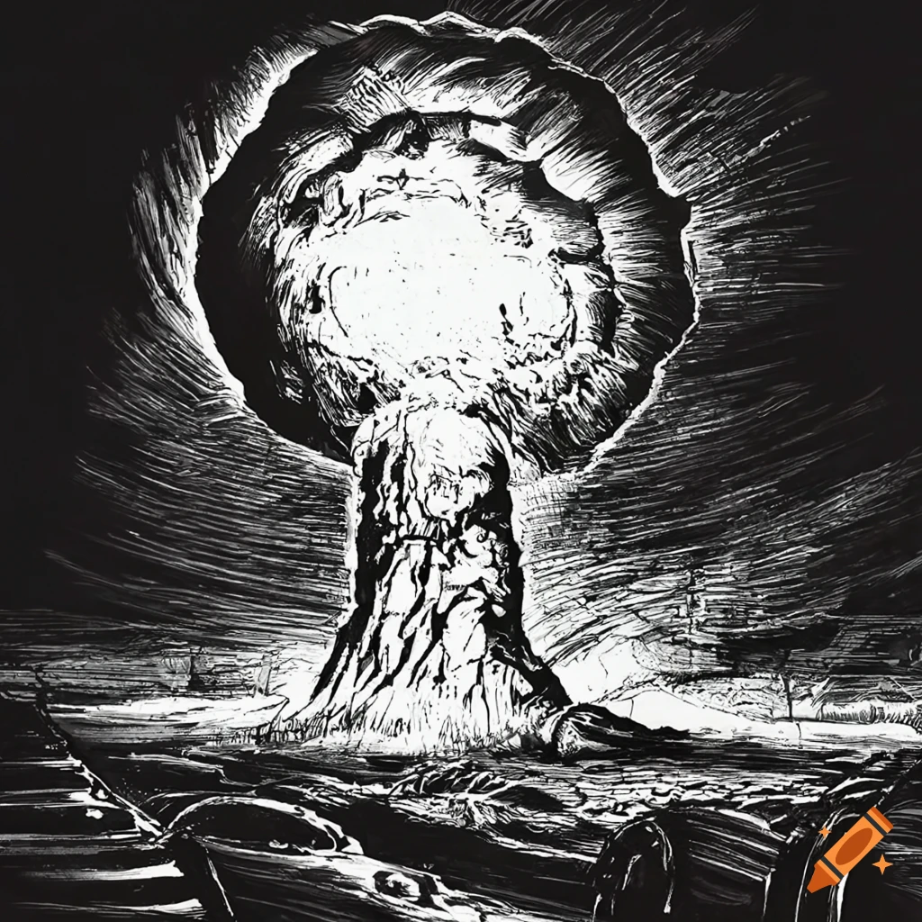 Detailed black and white ink drawing of a nuclear blast with a spinning ...