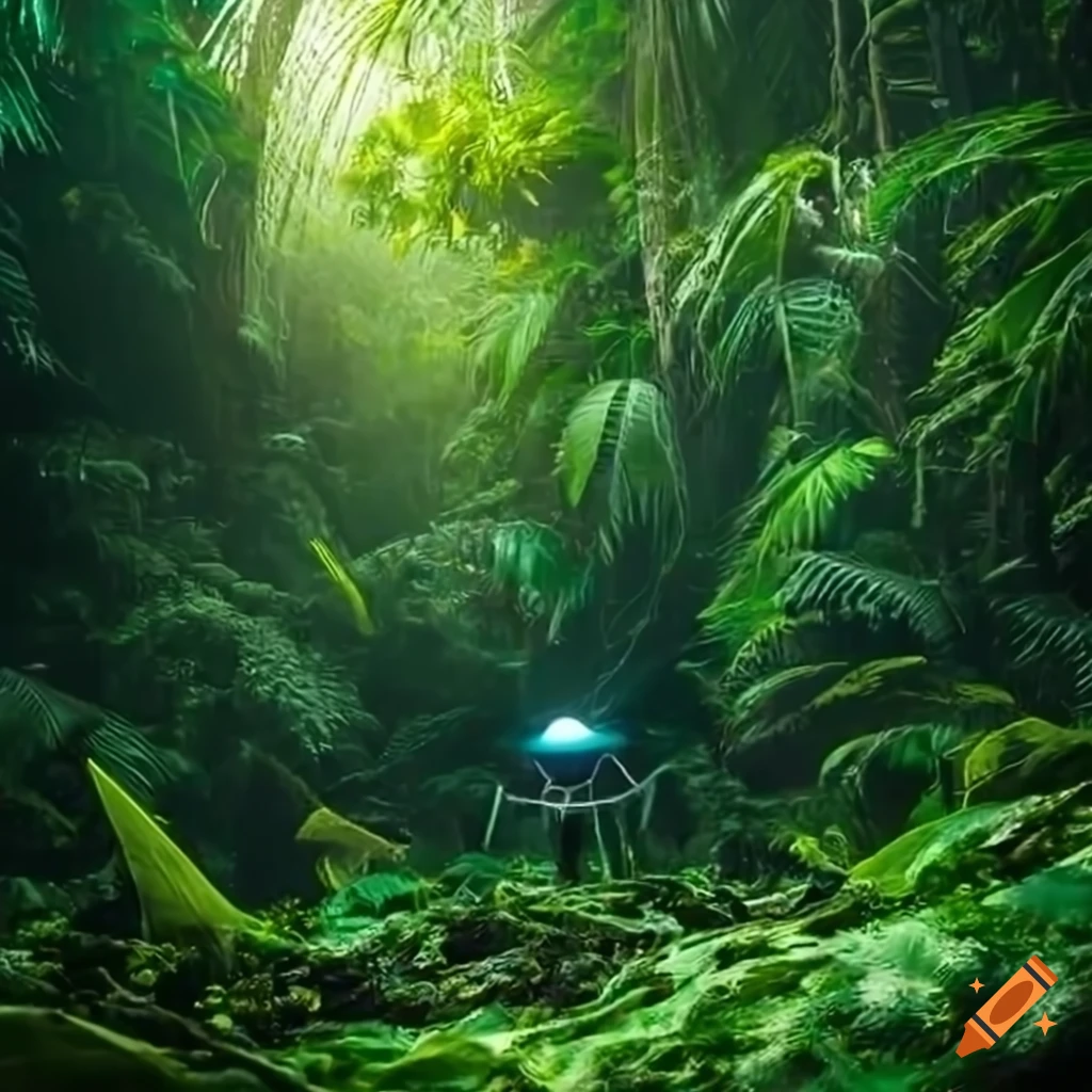 Futuristic robot navigating through a lush jungle on Craiyon
