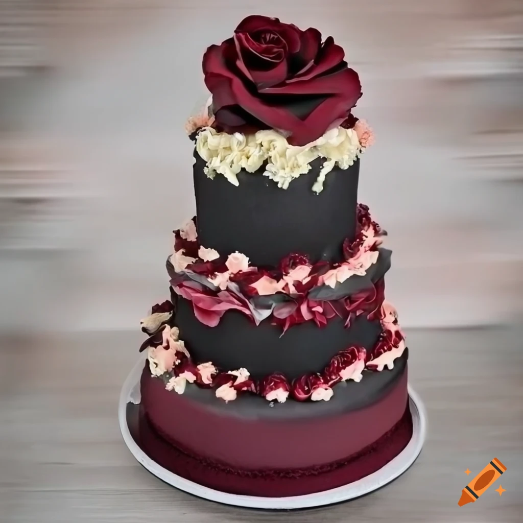 Triple-layered black base maroon rose cake on Craiyon