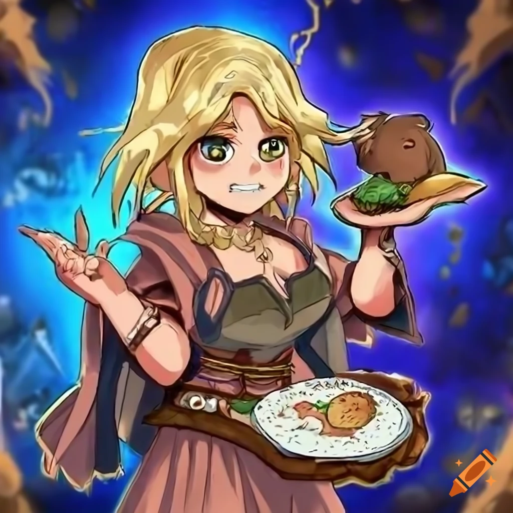 Halfling serving food with animated squirrels beneath her skin in a yu ...