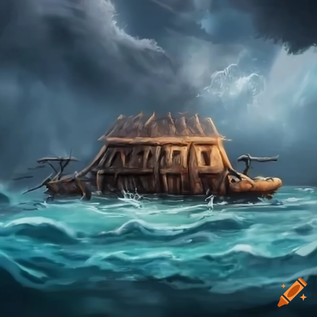 Realistic artwork of prehistoric log raft ark in a dramatic sea storm ...
