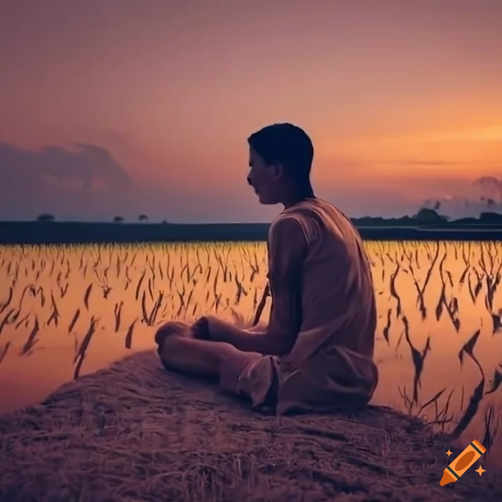 An anxious man sitting by a rice field in the evening on Craiyon