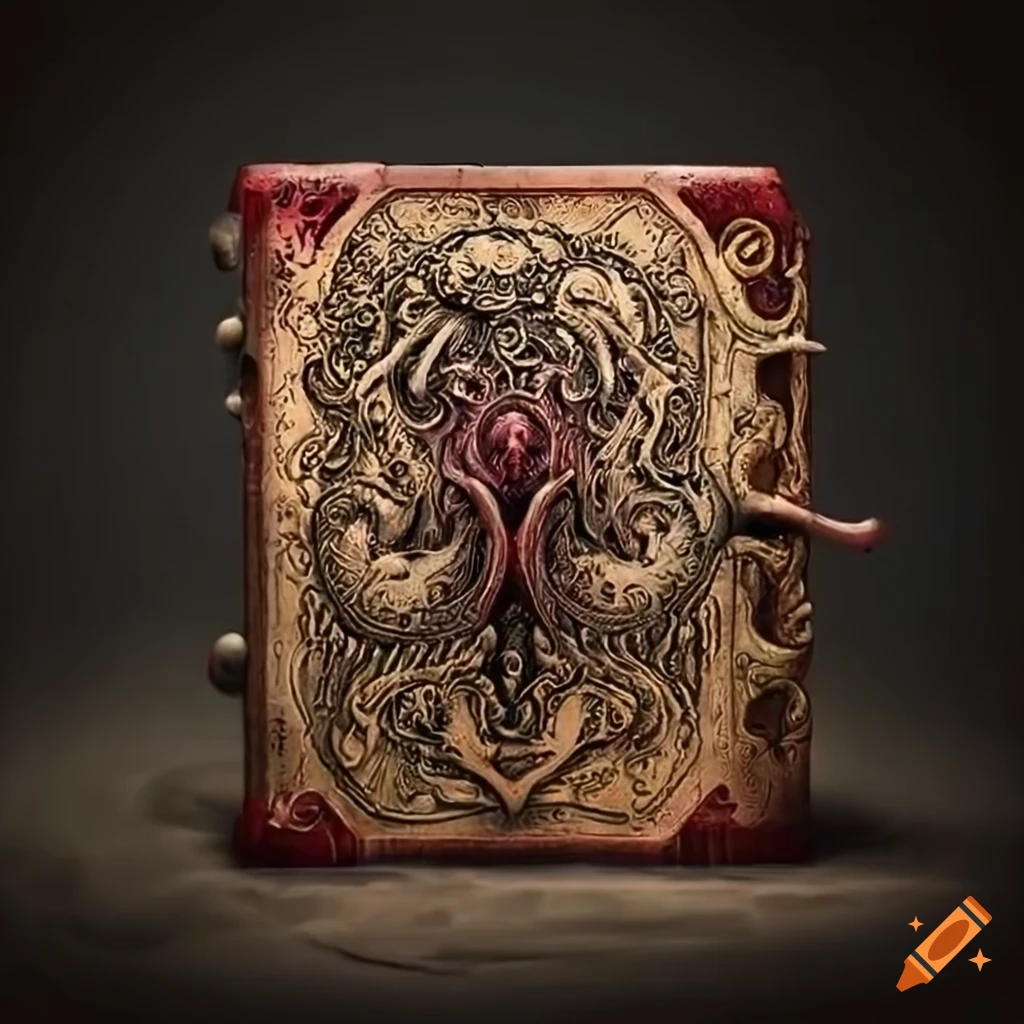 Ancient tome decorated with lovecraftian monster designs and mysterious ...